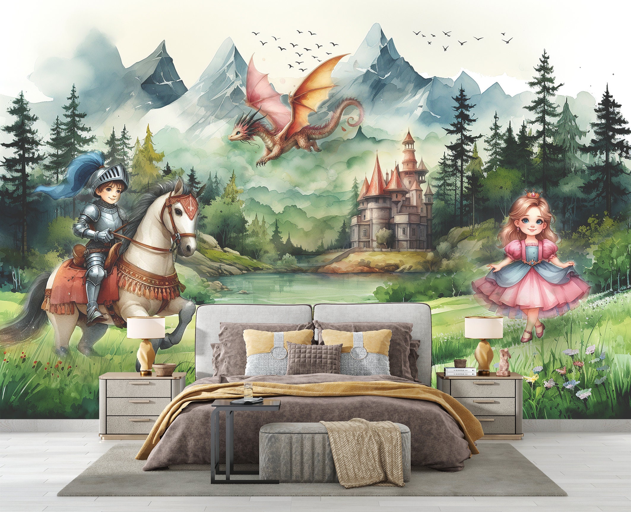 Princess Castle Mural Vinyl Wallpaper Kids Knight and Dragon Wall Mural ...