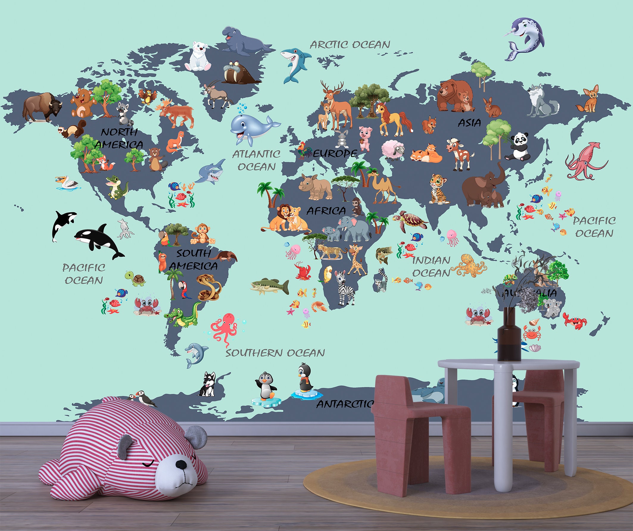 Nursery World Map Baby Room Wallpaper Kids Print Peel and - Etsy