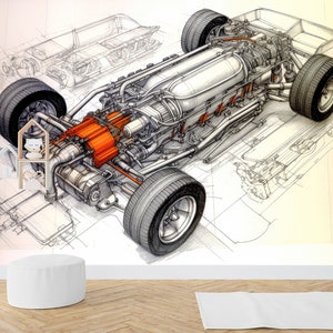 Automotive Blueprint Wallpaper Art Car Engine Sketch Drawn by Engineer ...