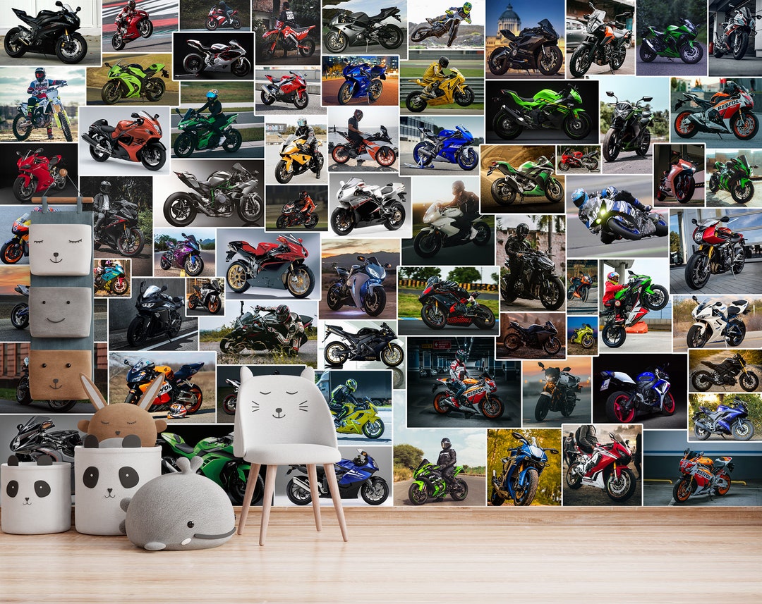 Sports Motorcycles Collage Mural Wallpaper Peel & Stick Gift for Kids ...
