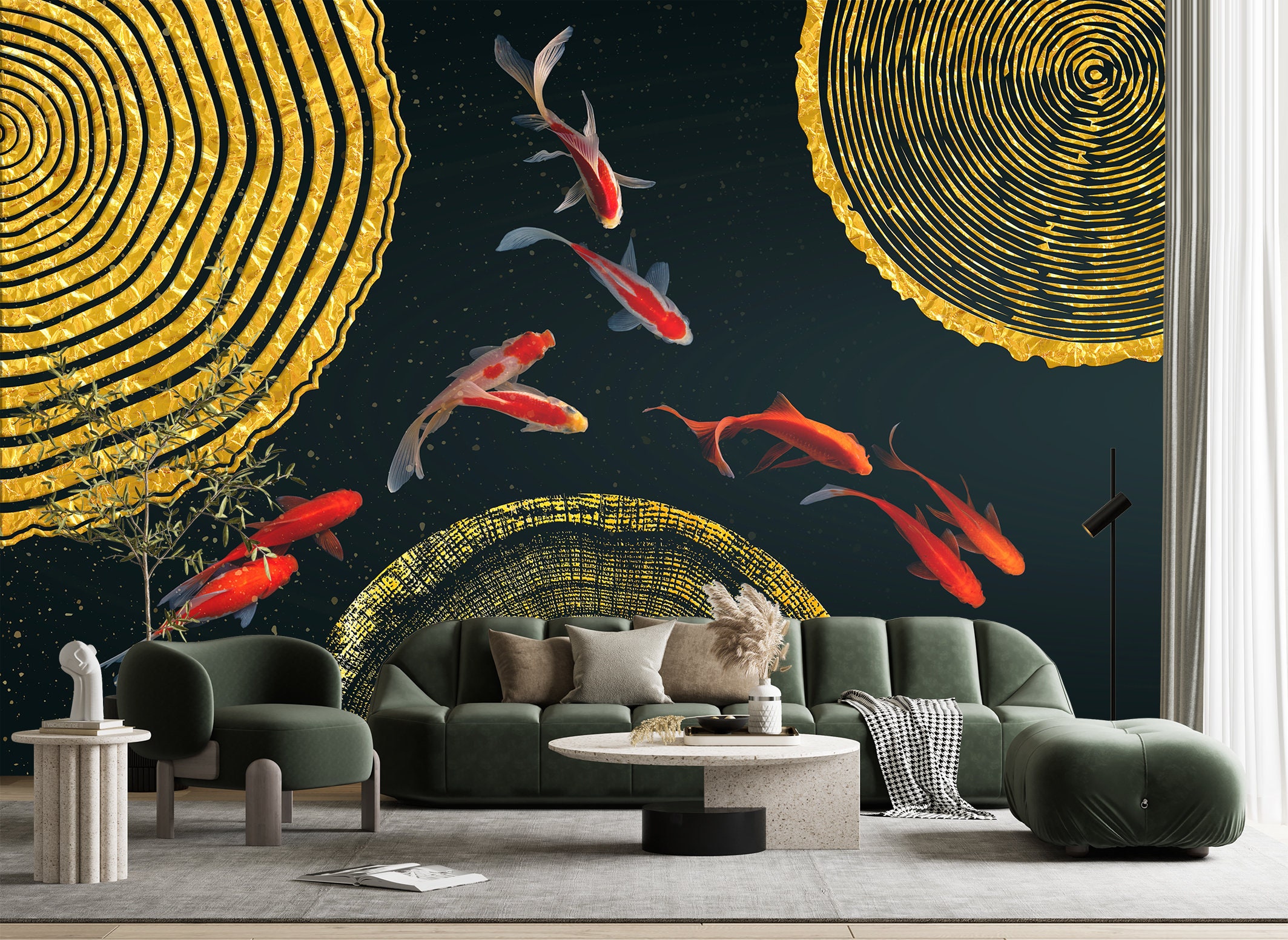 Japanese Style Wall Mural Koi Fish Wallpaper Print Peel and Stick Wood ...