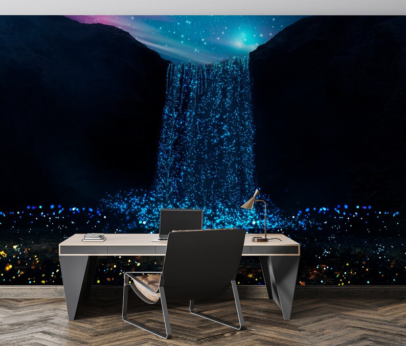 Sparkly Waterfall Wallpaper: Nighttime Landscape, Dark Blue Vinyl (peel ...