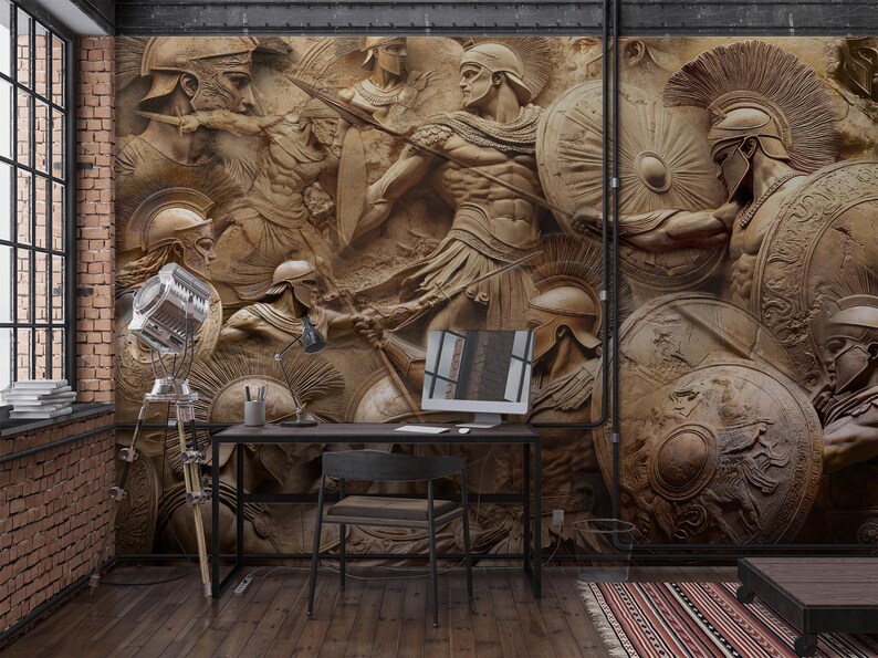 Spartan Battle Wallpaper | Bronze Greek Warriors Mural, Masculine Decor ...