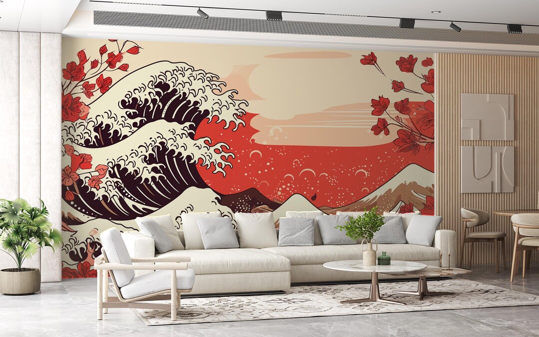 Japanese Red Wall Mural Sea Breeze Wallpaper Print Peel & Stick ...