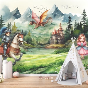 Princess Castle Mural Vinyl Wallpaper Kids Knight and Dragon Wall Mural ...