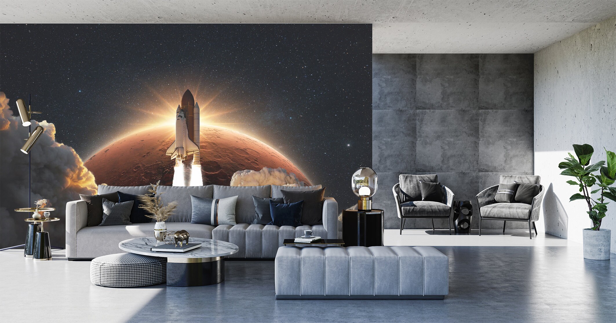 Rocket Mural Print Peel and Stick Planet Mars Stars in Space Wall Decor ...