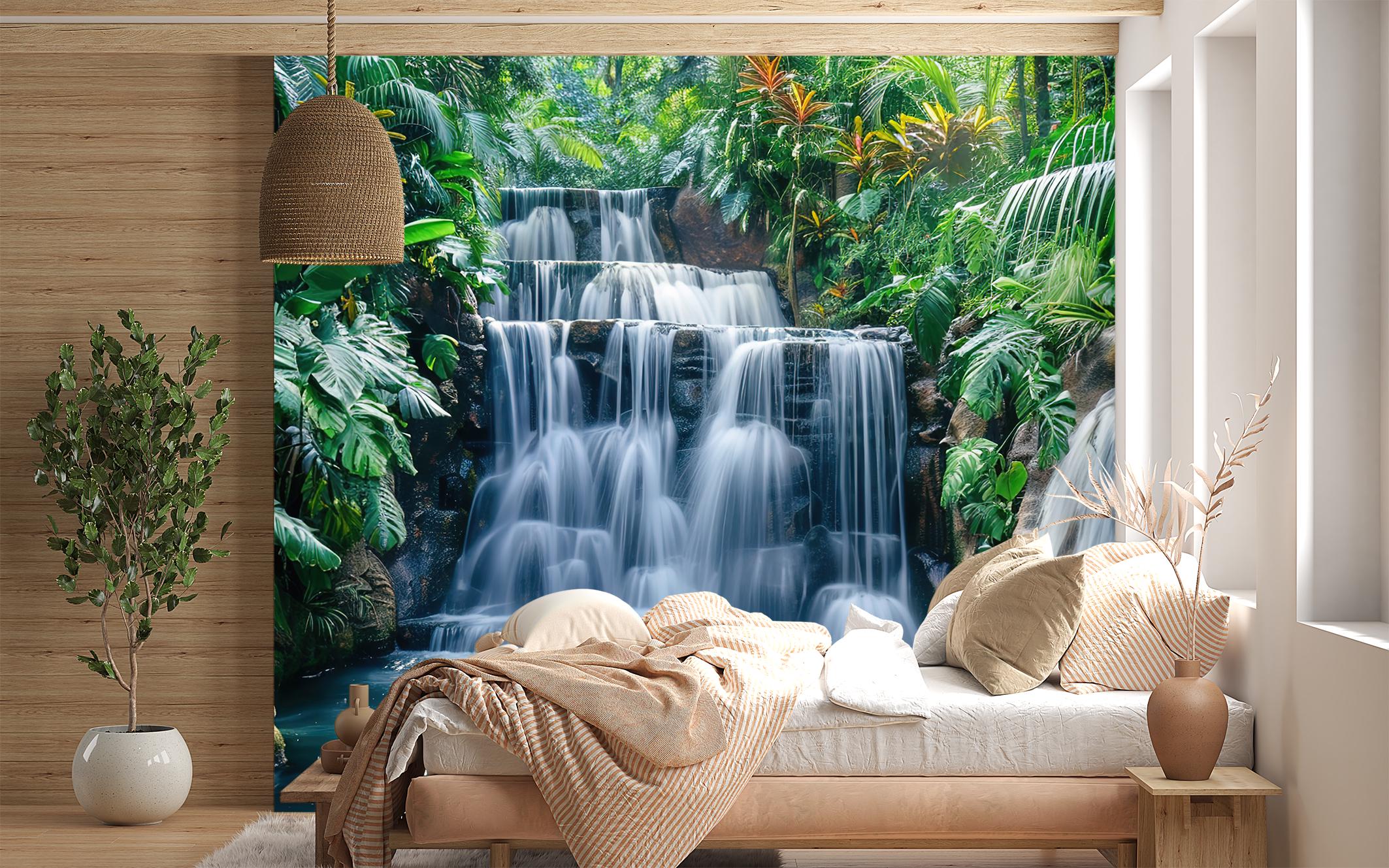 Tropical Waterfall Vinyl Mural Wallpaper Peel and Stick Jungle Nature ...
