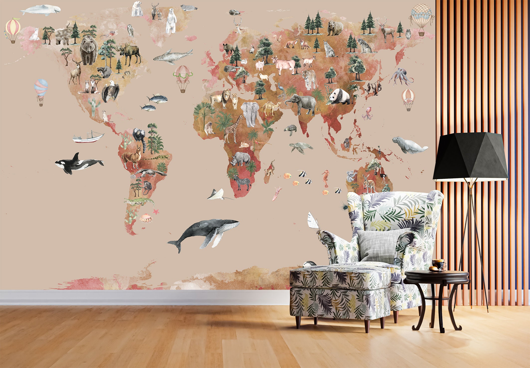 Nursery World Map Wallpaper Kids Print Peel and Stick Nursery Brown ...