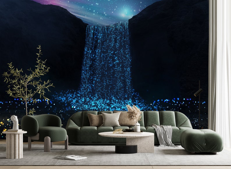 Sparkly Waterfall Wallpaper: Nighttime Landscape, Dark Blue Vinyl (peel ...