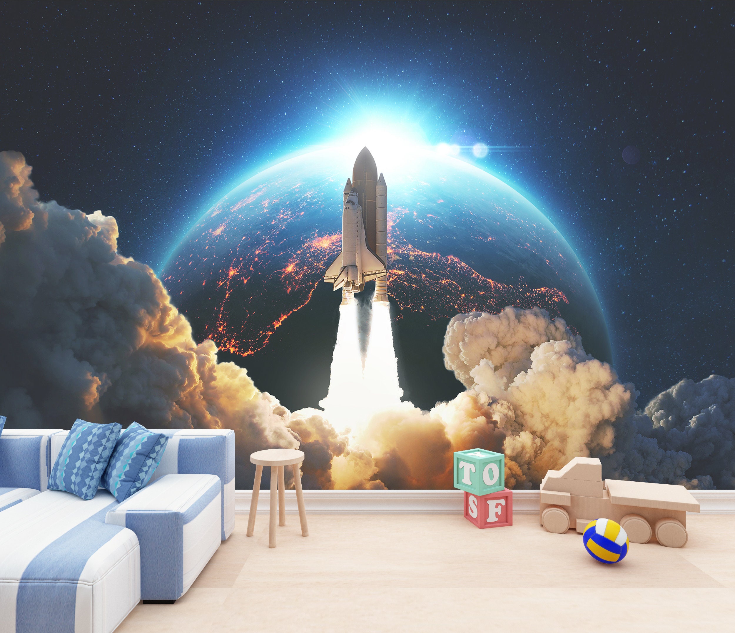 Rocket Mural Print Peel and Stick Planet Earth Kids Room Wall Decor Art ...