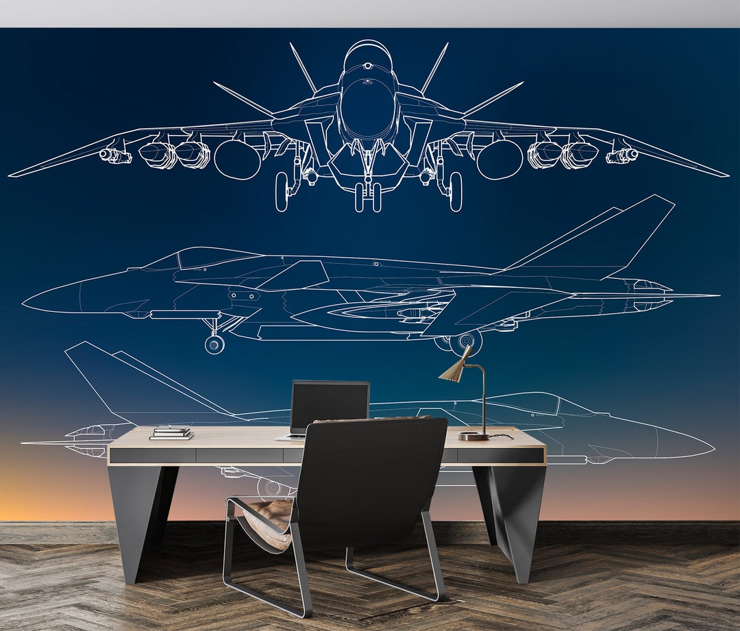 F-16 Blueprint Fighter Plane Wallpaper US Army Mural Blue Wallpaper ...