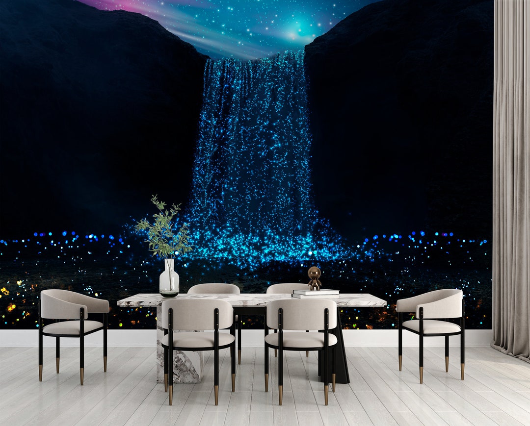 Sparkly Waterfall Wallpaper: Nighttime Landscape, Dark Blue Vinyl (peel ...