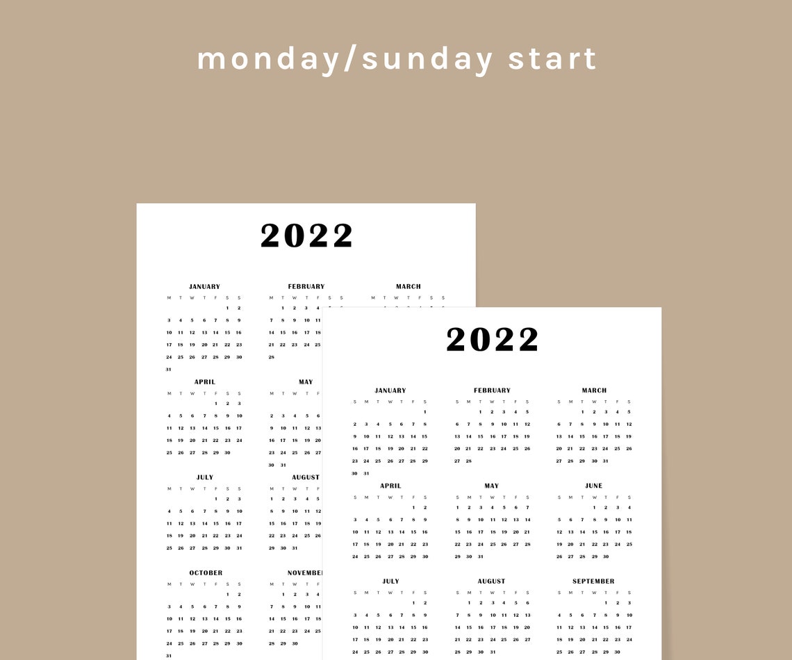 2022 Printable Calendar Yearly Planner Monday Sunday Start Minimal ...