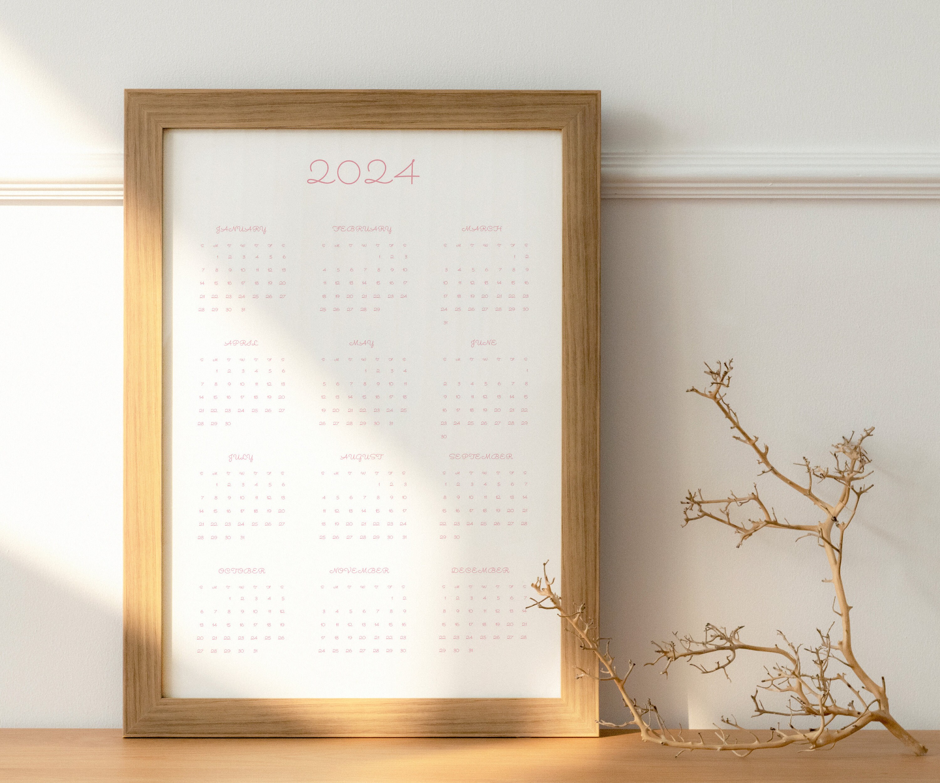 2024 Printable Pink Calendar - Yearly Planner - Monday Sunday Start ...