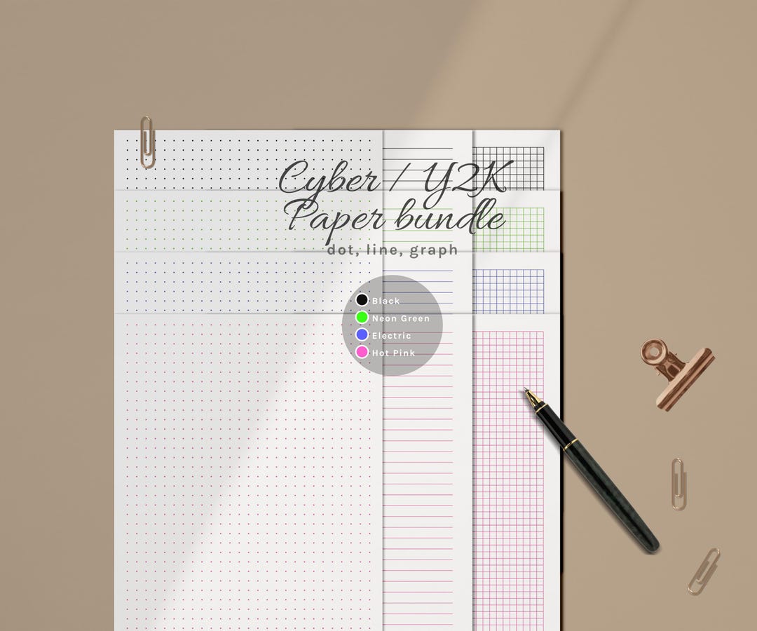 Cyber Y2K Printable Papers | Dot Grid, Lined & Graph Templates | Neon ...