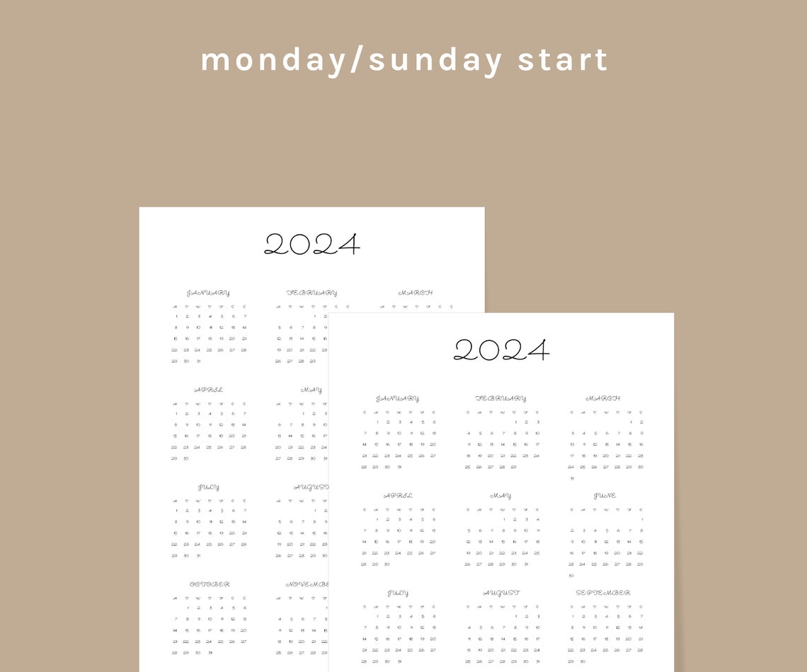 2024 Printable Calendar - Yearly Planner - Monday Sunday Start ...