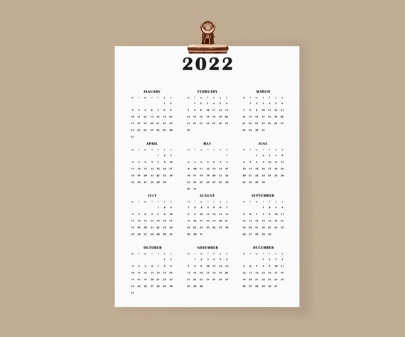 2022 Printable Calendar Yearly Planner Monday Sunday Start - Etsy