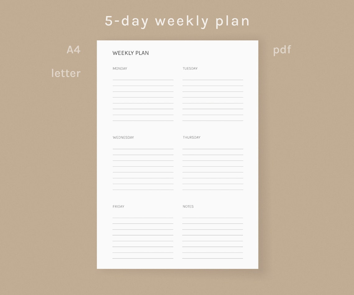 5 Day Weekly Planner, Printable Weekly Schedule, Week at a Glance, Five ...