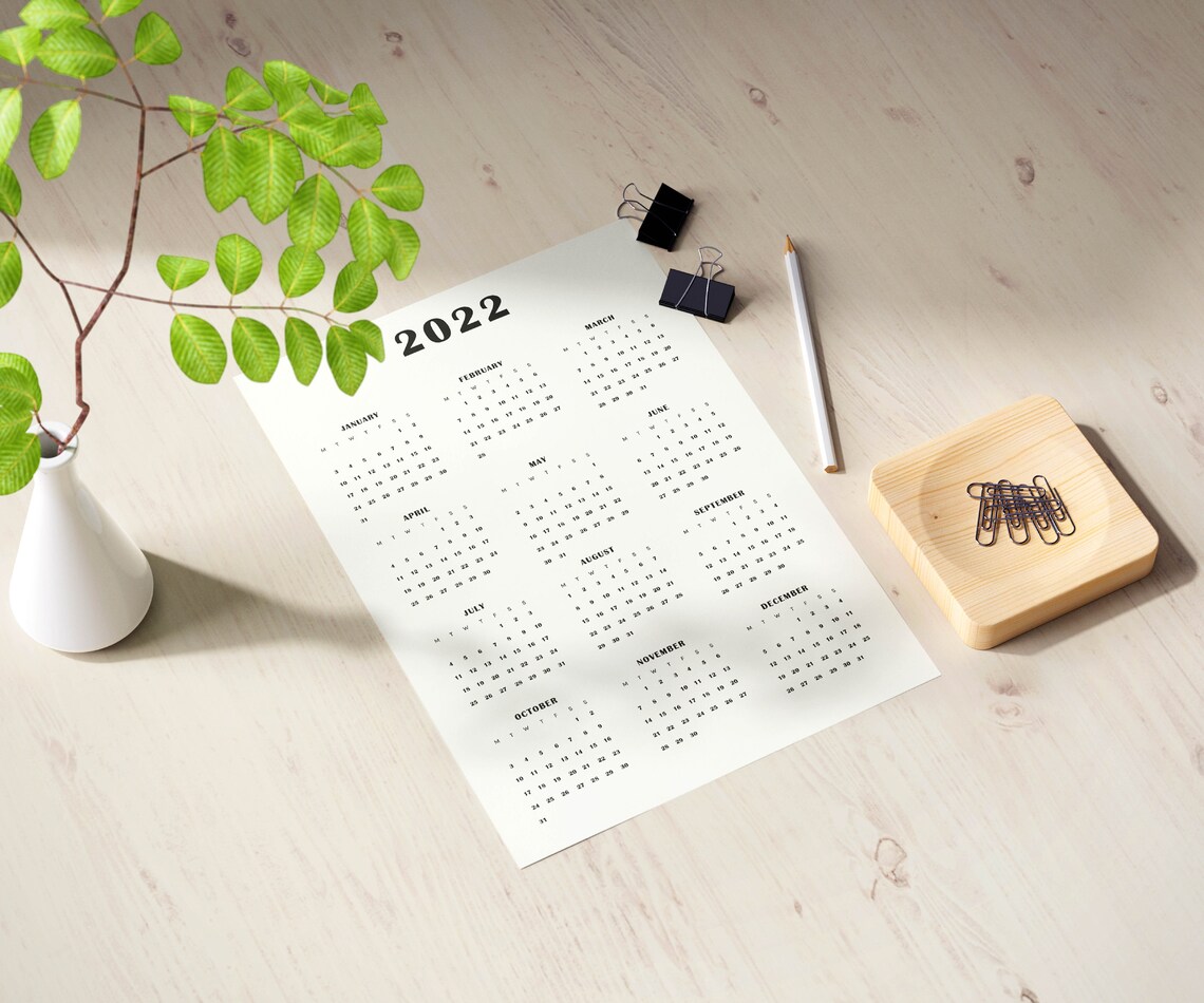 2022 Printable Calendar Yearly Planner Monday Sunday Start Minimal ...