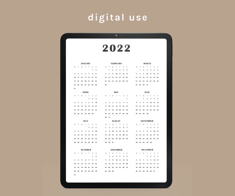 2022 Printable Calendar Yearly Planner Monday Sunday Start Minimal ...