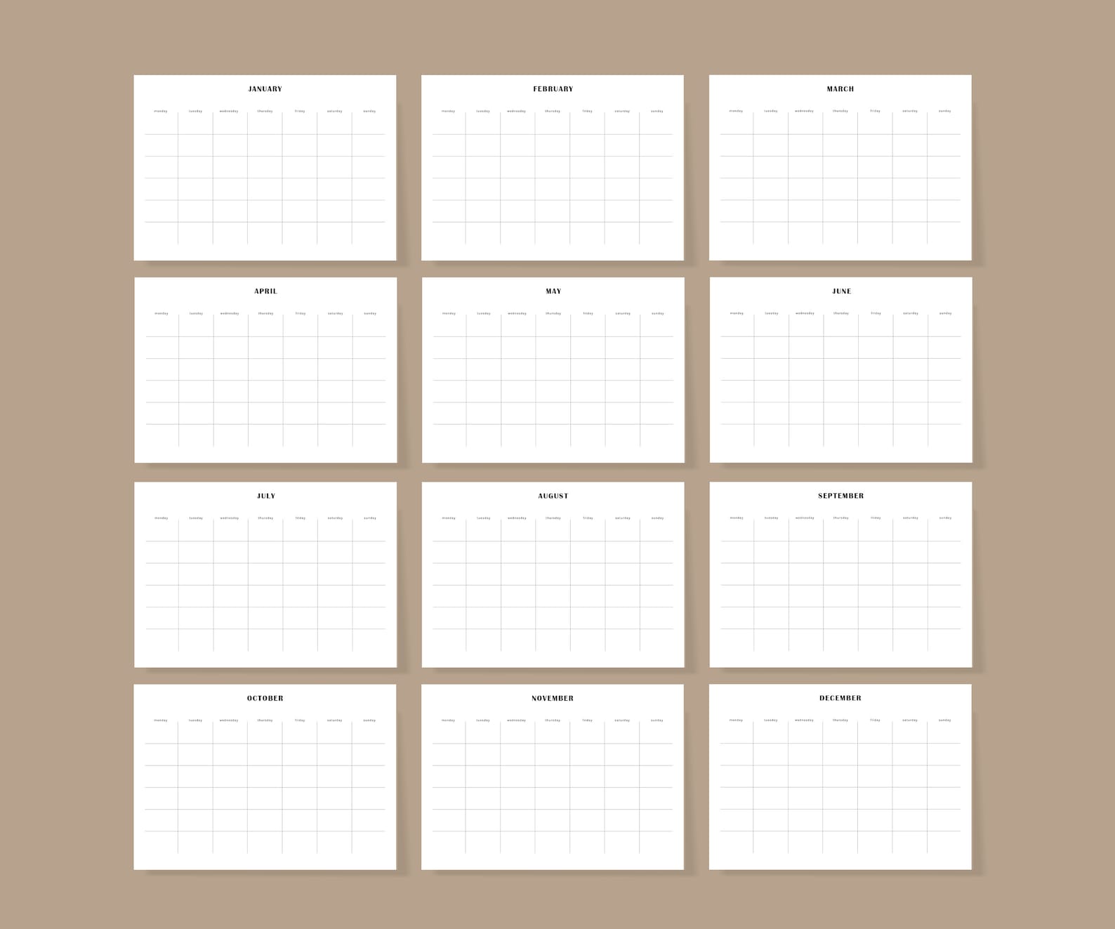 Printable Blank Calendar - Minimalist Calendar Template - Monday/sunday ...