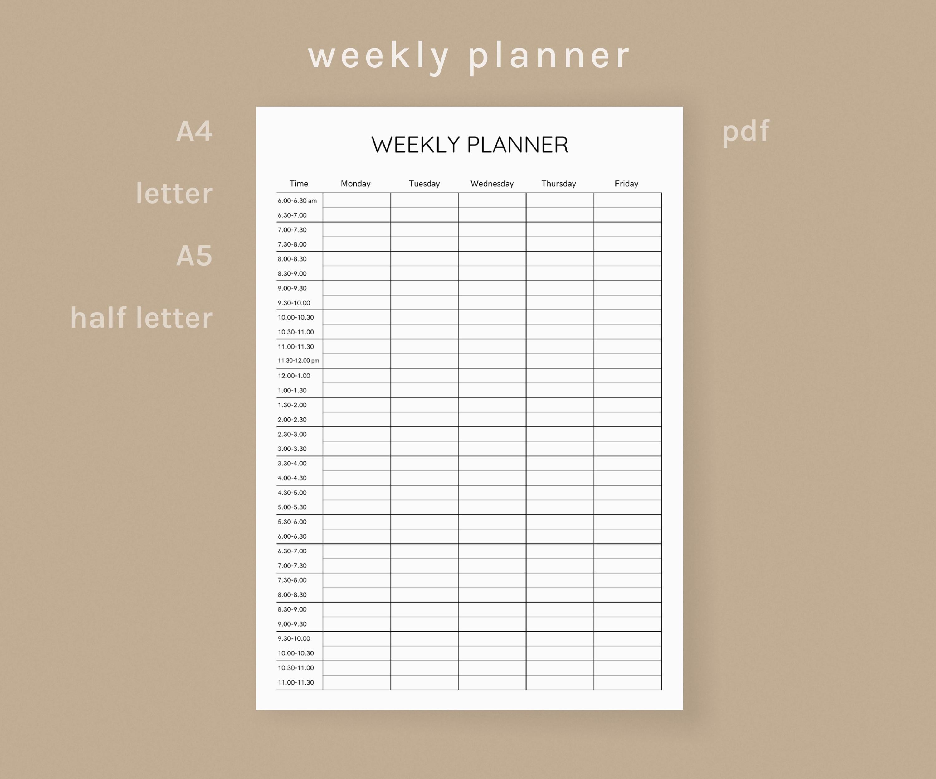 Printable Weekly Planner | Minimalist Hourly Schedule Template | A4 A5 ...