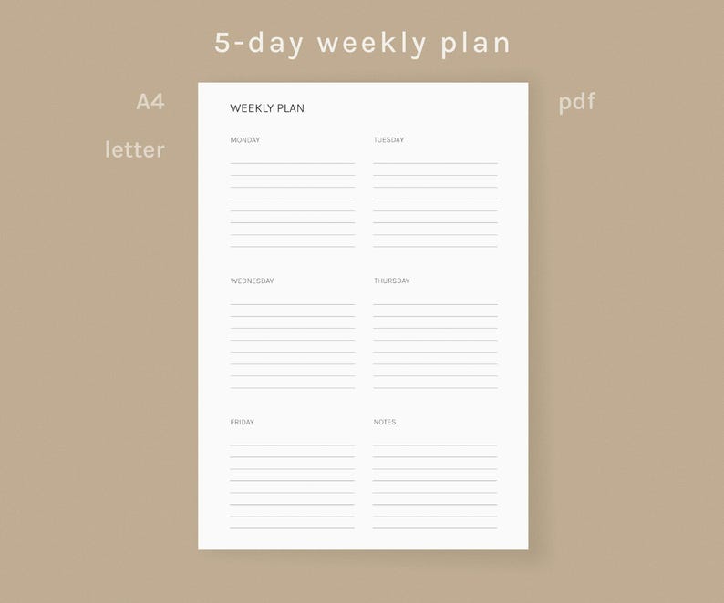 5 Day Weekly Planner, Printable Weekly Schedule, Week at a Glance, Five ...