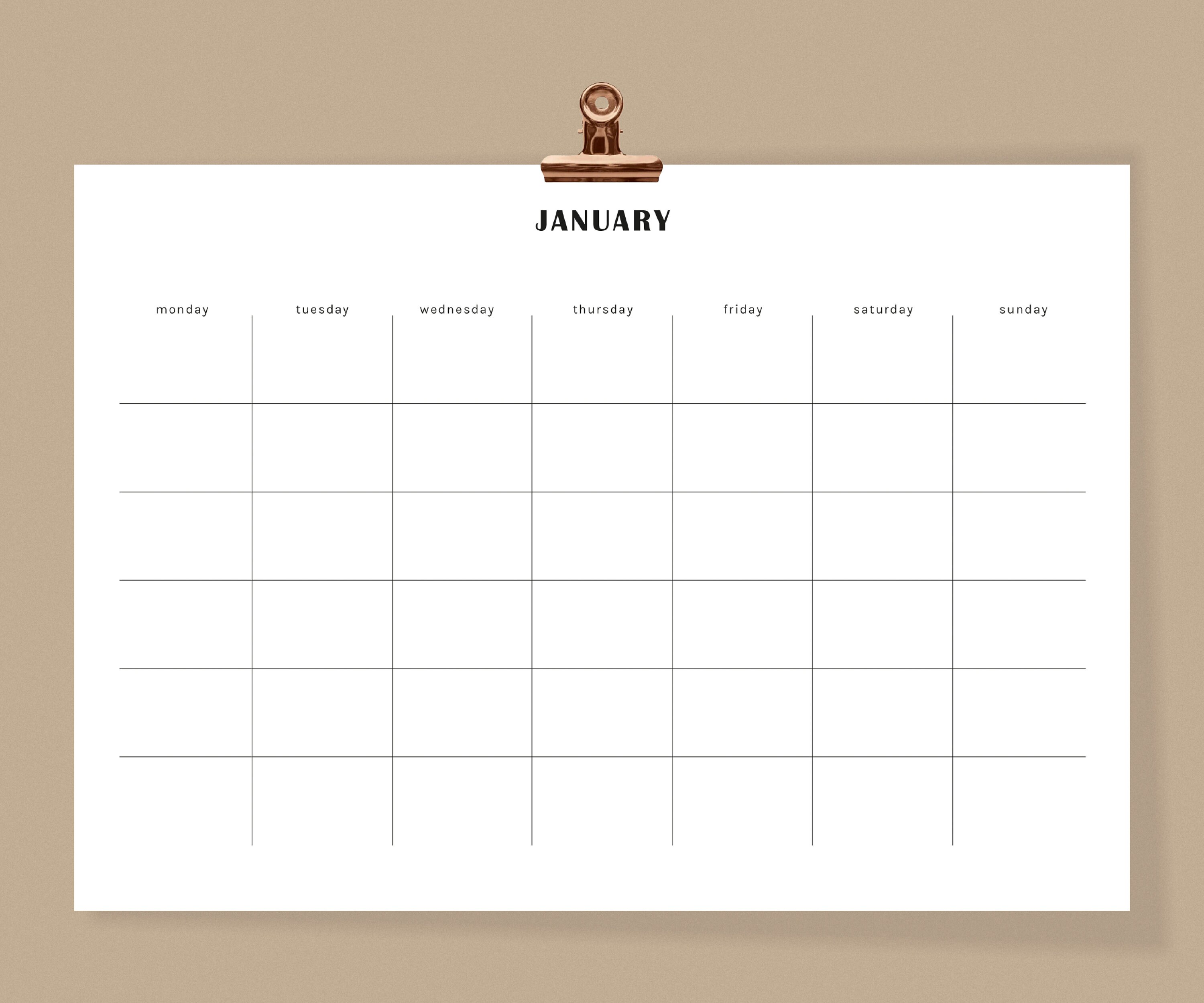 Printable Blank Calendar - Minimalist Calendar Template - Monday/sunday ...