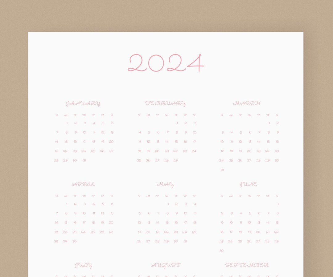 2024 Printable Pink Calendar - Yearly Planner - Monday Sunday Start ...