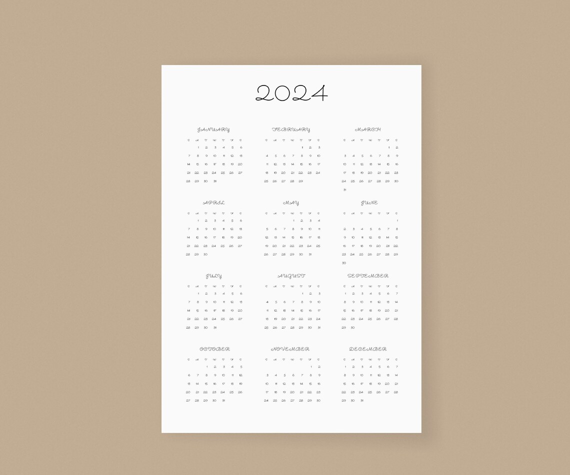 2024 Printable Calendar - Yearly Planner - Monday Sunday Start ...