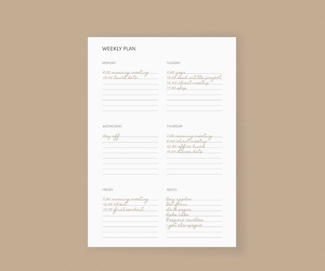 5 Day Weekly Planner, Printable Weekly Schedule, Week at a Glance, Five ...