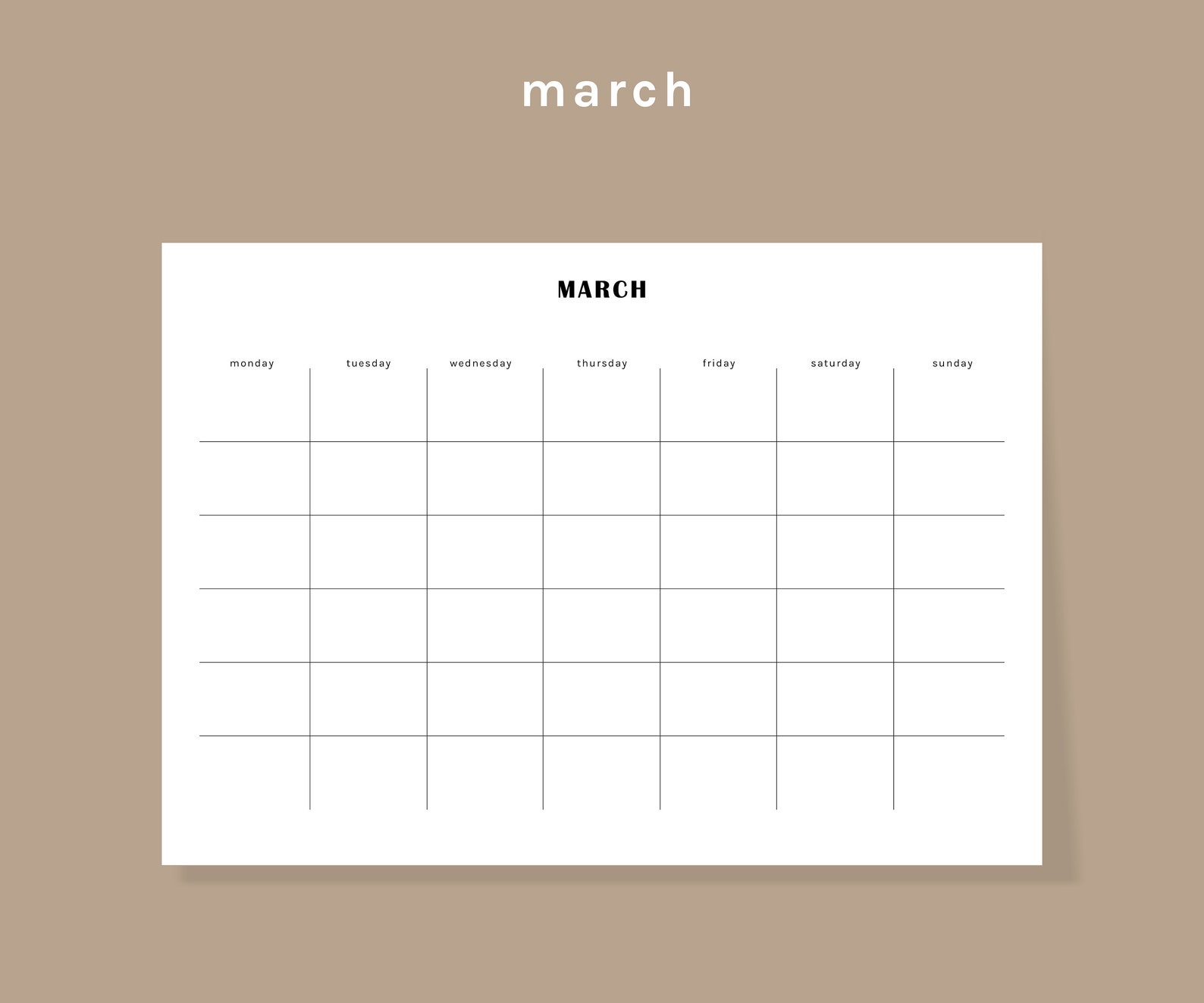 Printable Blank Calendar - Minimalist Calendar Template - Monday/sunday ...