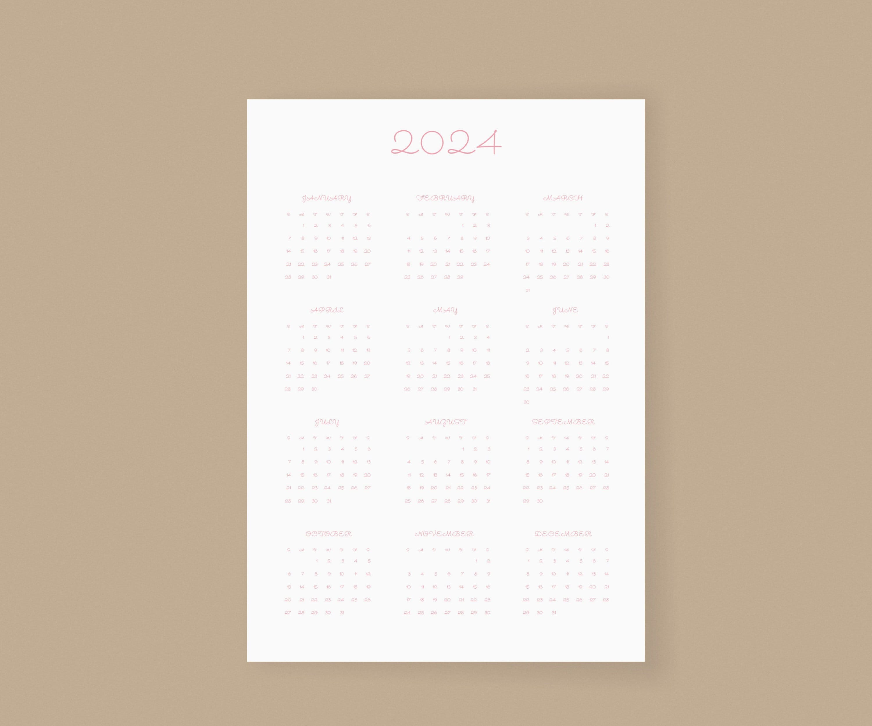 2024 Printable Pink Calendar Yearly Planner Monday Sunday Start Minimal ...
