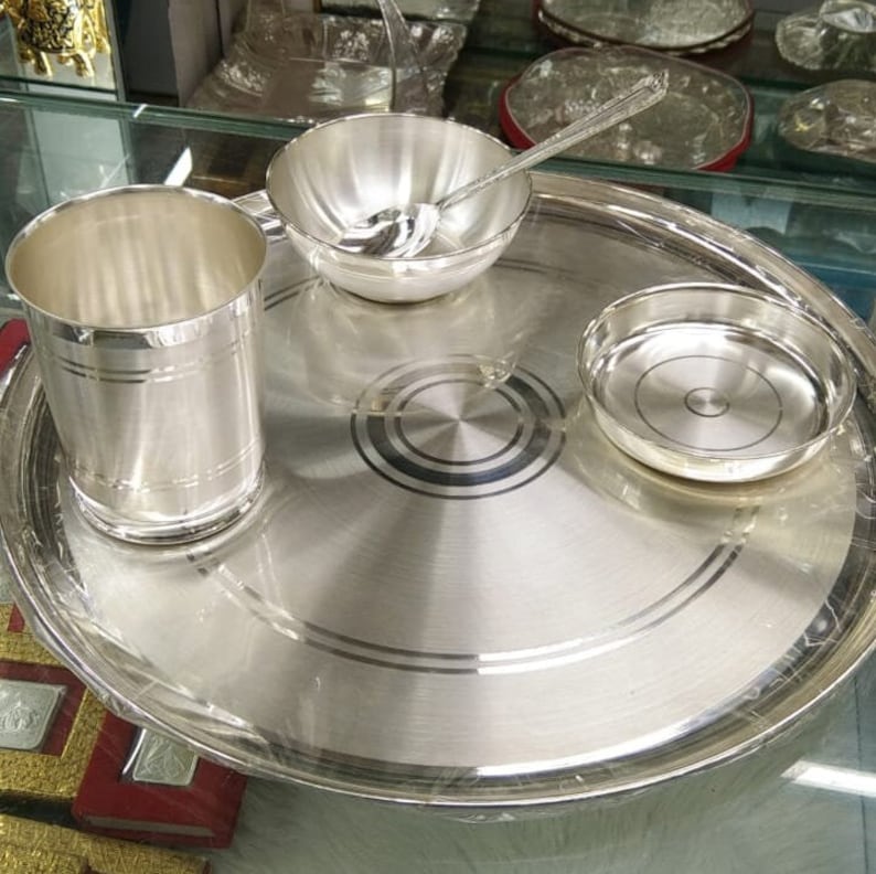 Pure Silver Dinner Set / Thali Set, Complete Pure Silver Dinner Set for ...