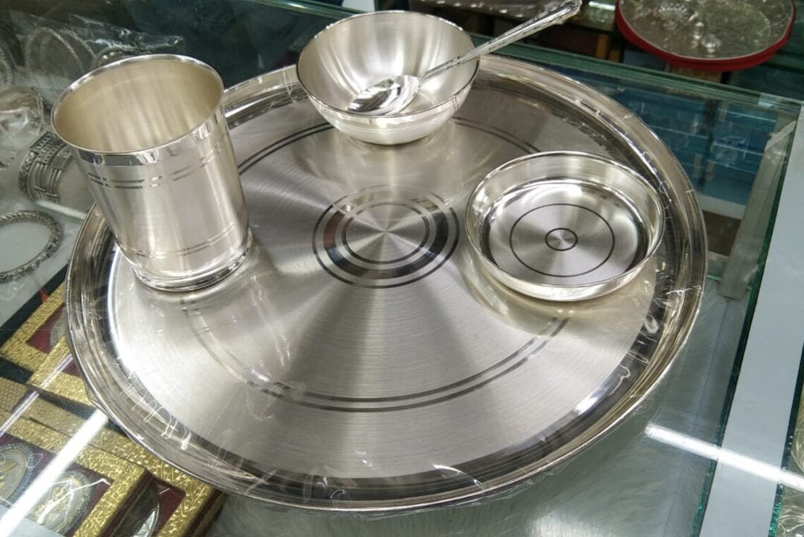 Pure Silver Dinner Set / Thali Set, Complete Pure Silver Dinner Set for ...