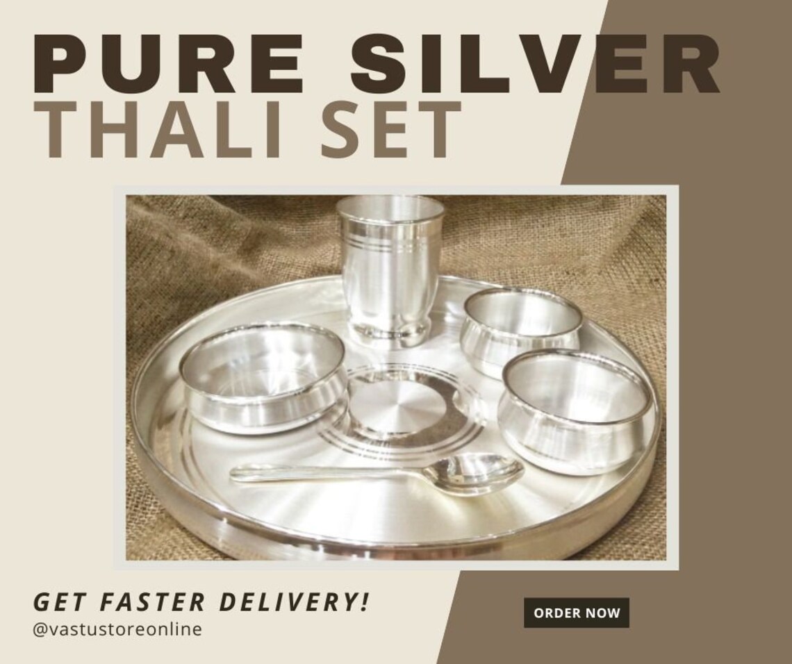 999 Pure Silver Dinner Set / Utensils Silver Thali Set, Complete Pure ...