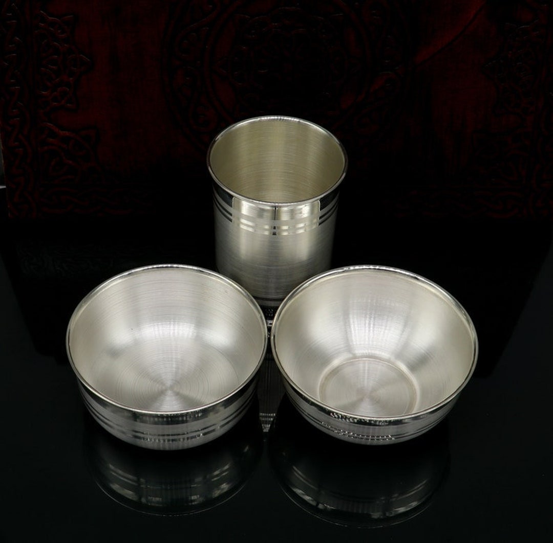 999 Pure Two Silver Combo Bowls and One Glass, Silver Vessel, Silver ...