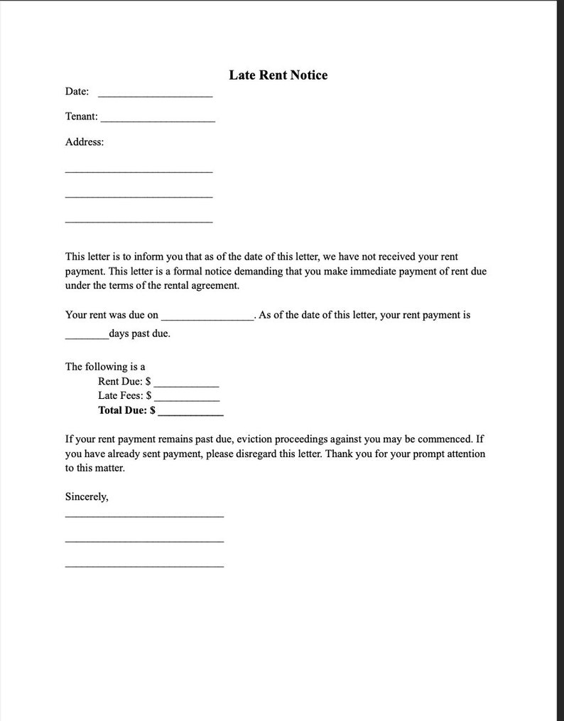 Late Rent Notice. Google Docs/microsoft Word. Late Rent Payment ...