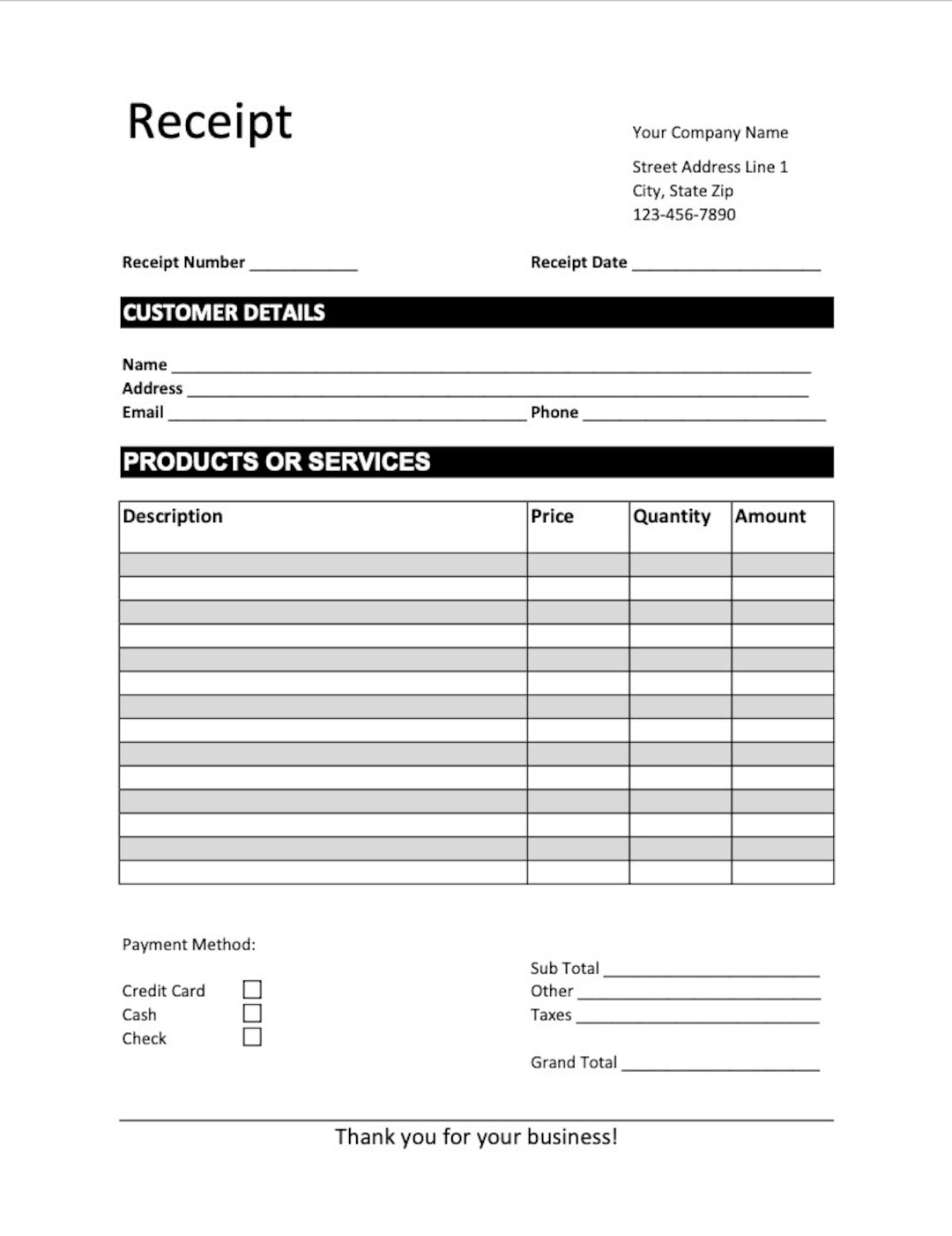 Receipt Template. Pdf/excel. Receipt Form. Printable Customer Receipt ...