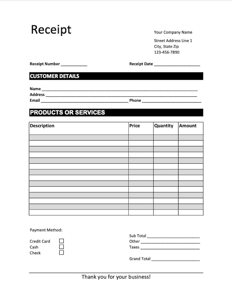 Receipt Template. Pdf/excel. Receipt Form. Printable Customer Receipt ...