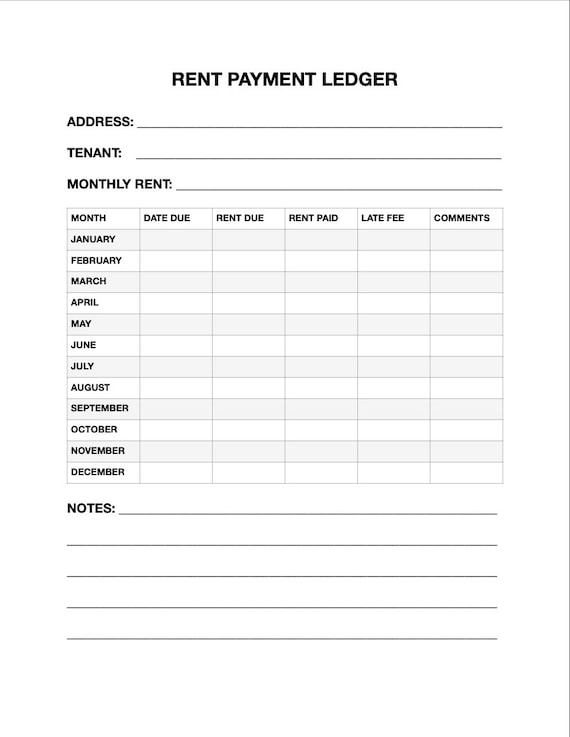 Rent Payment Ledger. Rental Payment Tracker. Monthly Rent - Etsy