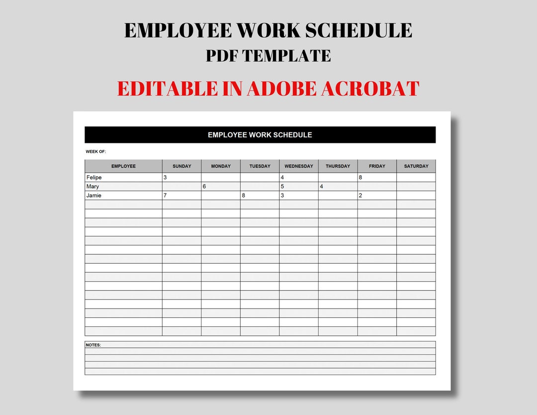 Employee Work Schedule PDF. Employee Time Sheet. Employee Schedule ...