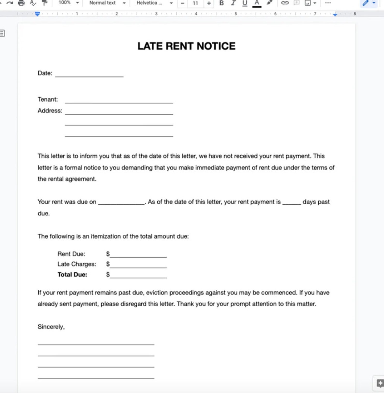 Late Rent Notice Template Editable PDF | Landlord Form Tenant Late ...