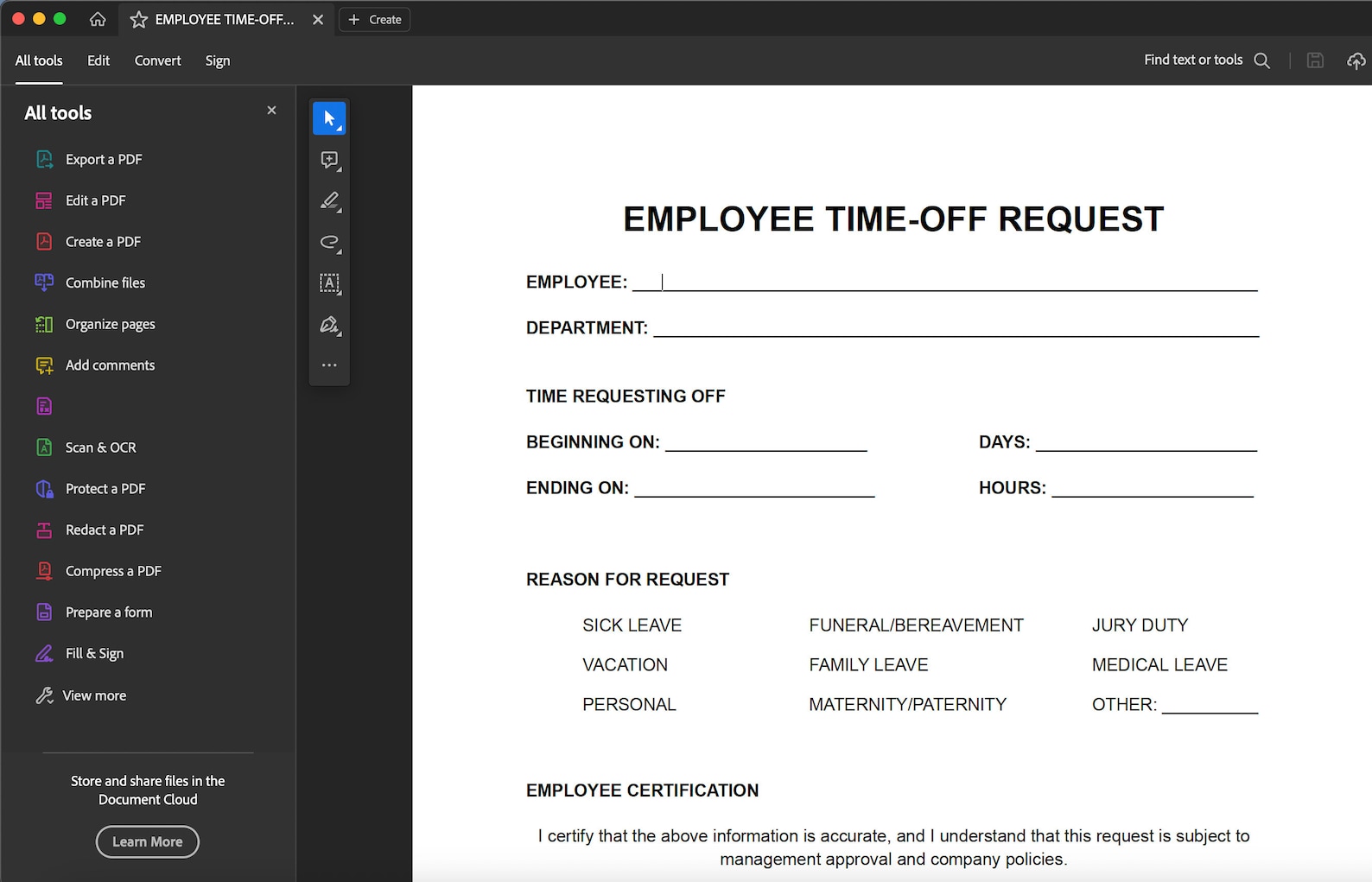 Employee Time-off Request Template. Vacation Request Form. PTO Request ...