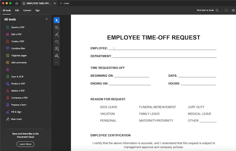 Employee Time-off Request Template. Vacation Request Form. PTO Request ...