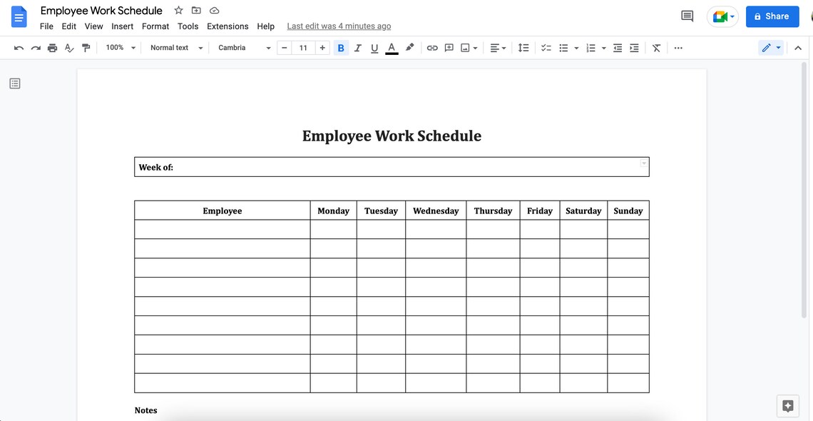 Employee Work Schedule. Pdf/google Docs. Employee Time Sheet. Employee ...