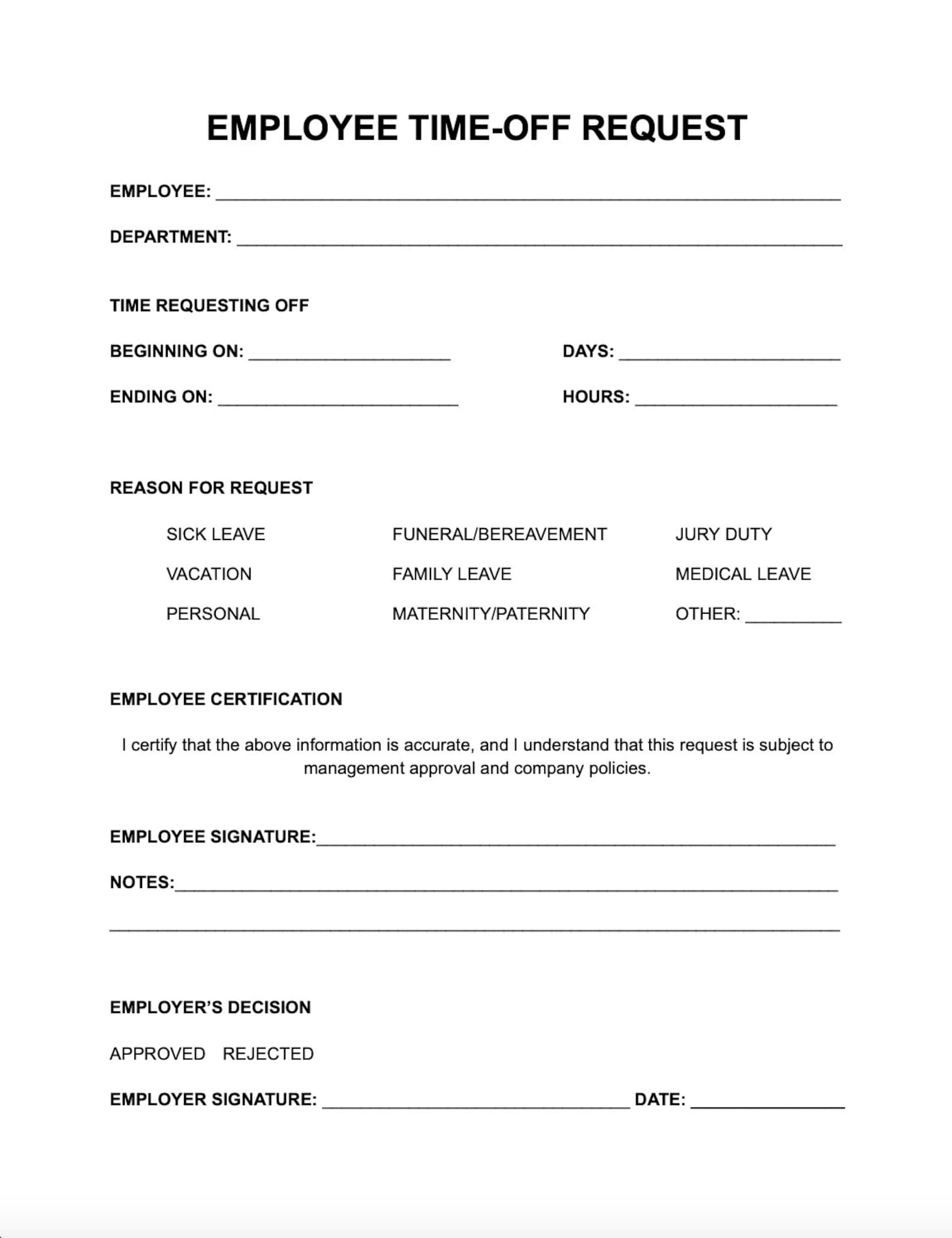 Employee Time-off Request Template. Vacation Request Form. PTO Request ...
