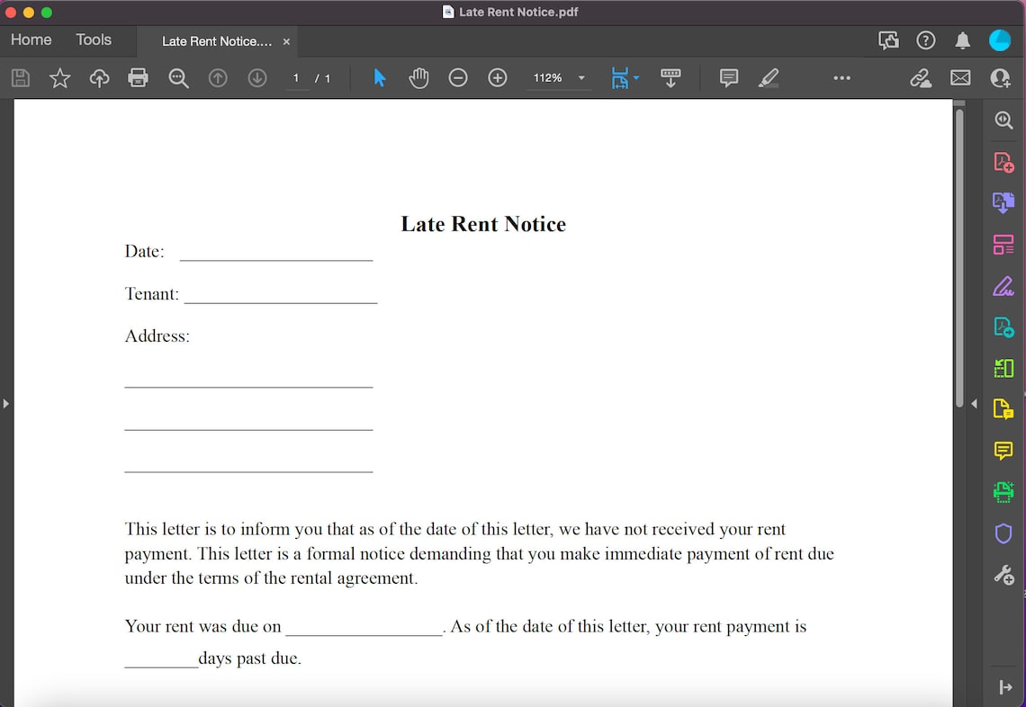 Late Rent Notice Template Editable PDF | Landlord Form Tenant Late ...