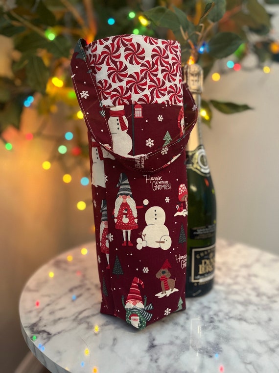 Holiday Christmas Wine Gift Bag Wine Tote Bottle Carrier Gift Wrap Reusable Gift Bag With Carry Strap Burgundy With Snowmen and Gnomes Etsy