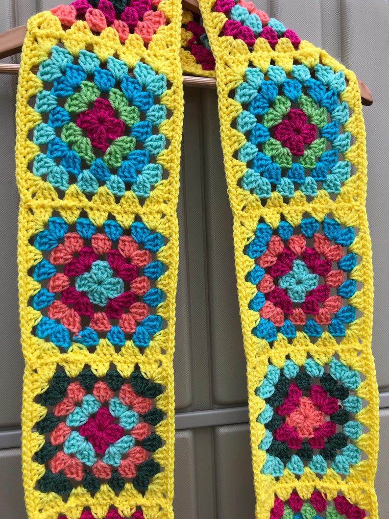 Hand Crochet Yellow Granny Square Scarf - Etsy